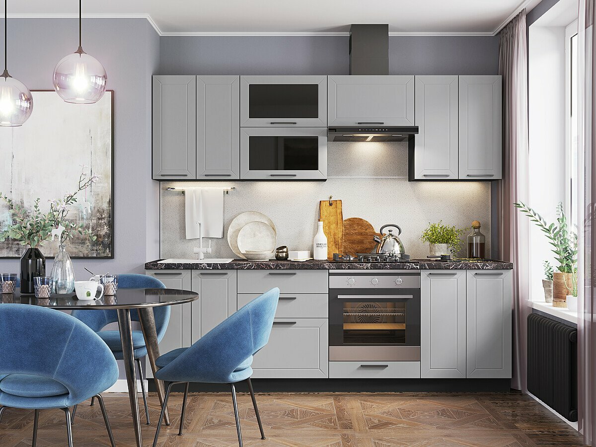 Кухня Глетчер-02, цвет фасада Гейнсборо Силк, цвет каркаса Graphite, 2140*2400*600 мм