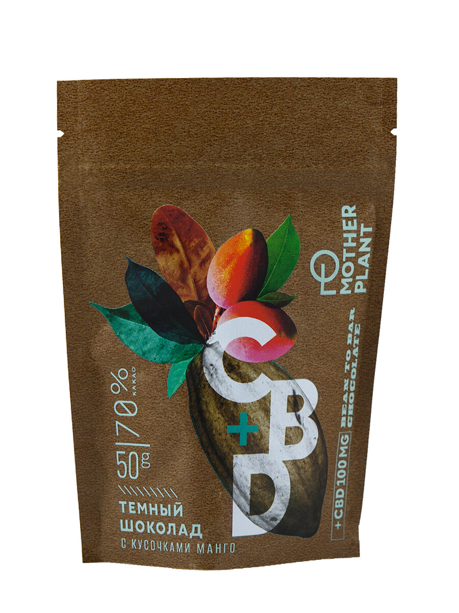 Шоколад c CBD (темный шоколад с кусочками манго, 70 % какао. CBD 100мг.) 50 гр