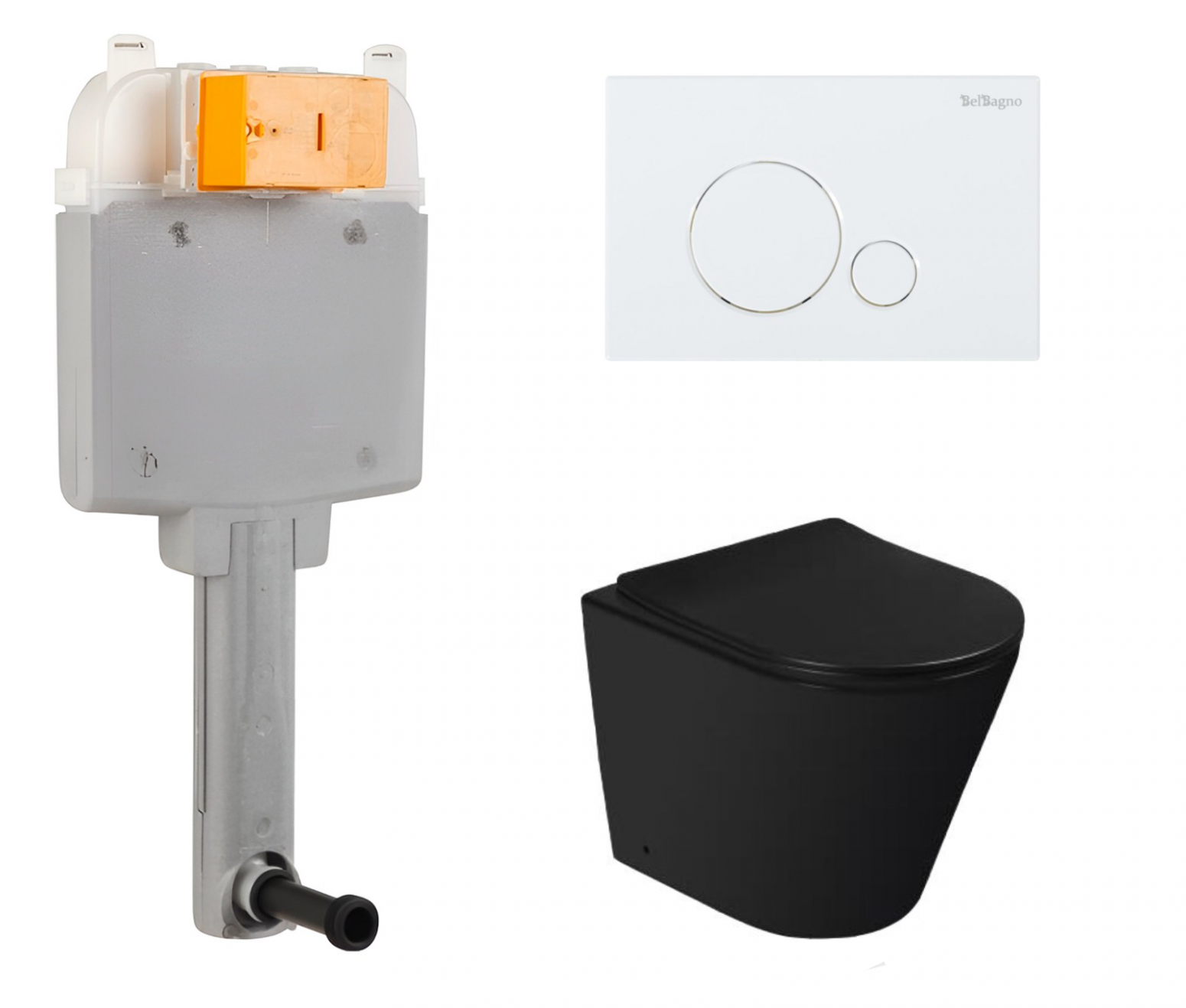 Комплект 3 в 1 смывной бачок скрытого монтажа BelBagno BB025-CS + Унитаз приставной SantiLine SL-5020MB с кнопкой белой Sfera BB025-CS + SL-5020MB + BB014-SR-BIANCO