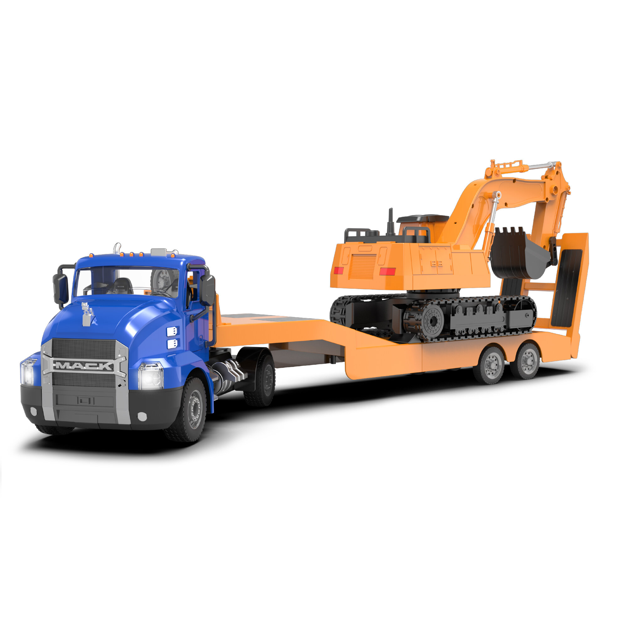 Радиоуправляемая машина трейлер MACK погрузочный с экскаватором 2в1 Double Eagle, звук, фары - E665-003