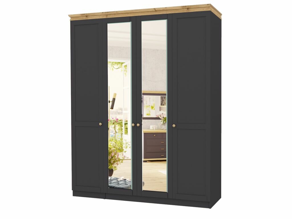 Шкаф 4х створчатый Лиана-1 Дуб Крафт Золотой / Графит ширина 192 см ЛДСП с зеркалом в спальню с полками со штангой