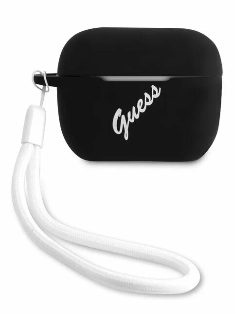 Guess для Airpods Pro Silicone case Script logo with cord Black/White