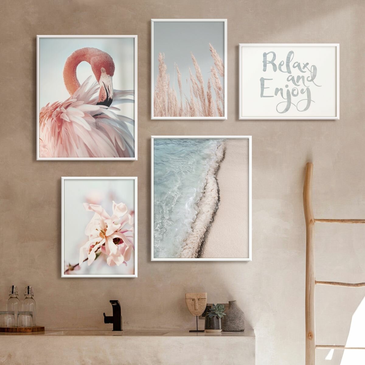 Набор постеров 5 шт "Фламинго в розовых тонах" плакат для интерьера, картина на стену