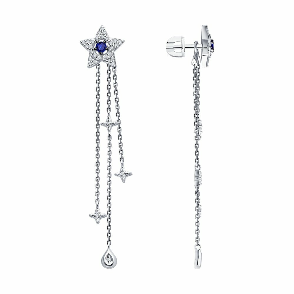 Серьги с подвесками, белое золото, 585 проба, сапфир, бриллиант