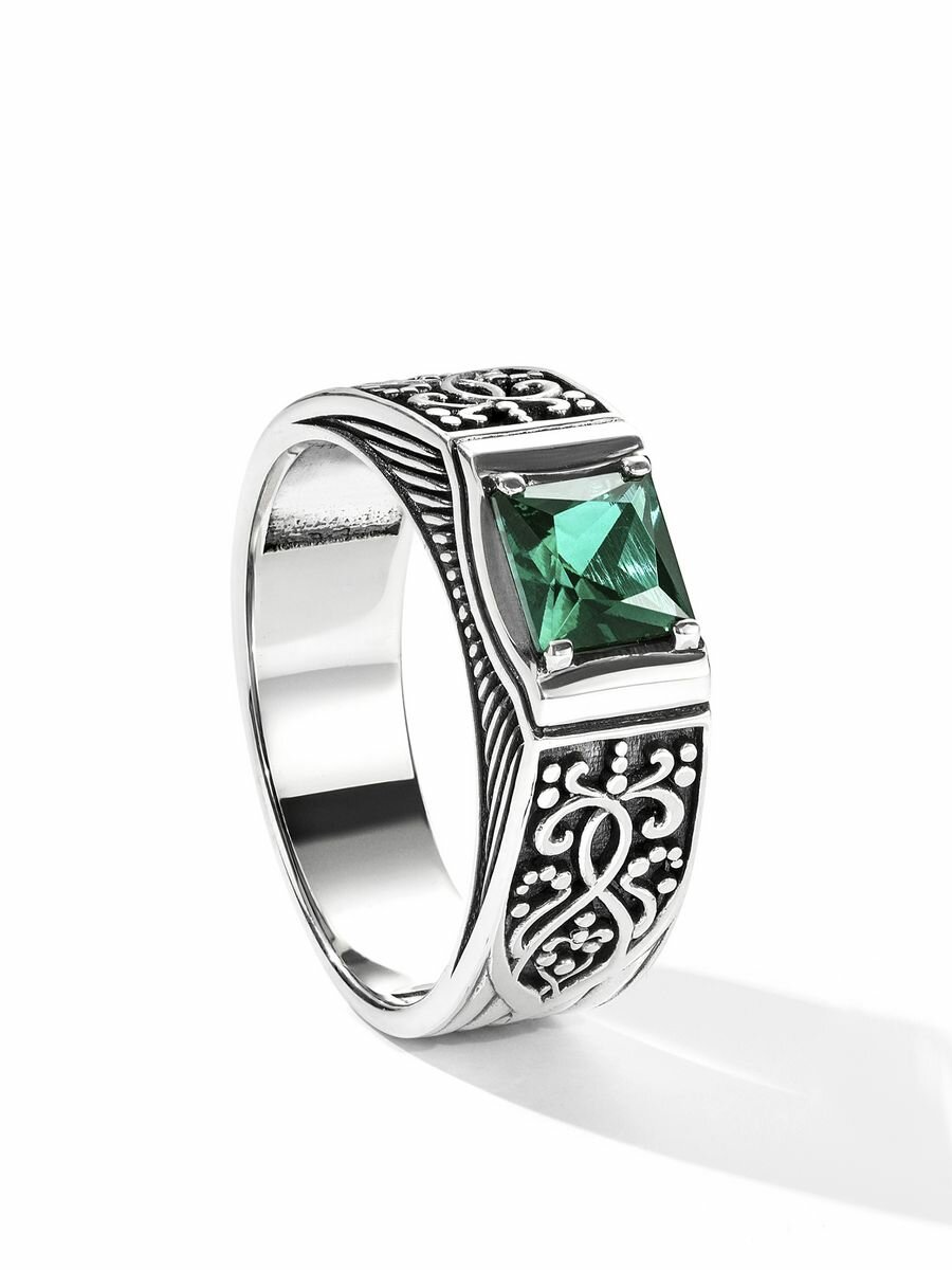 Печатка, серебро, 925 проба, чернение, изумруд синтетический