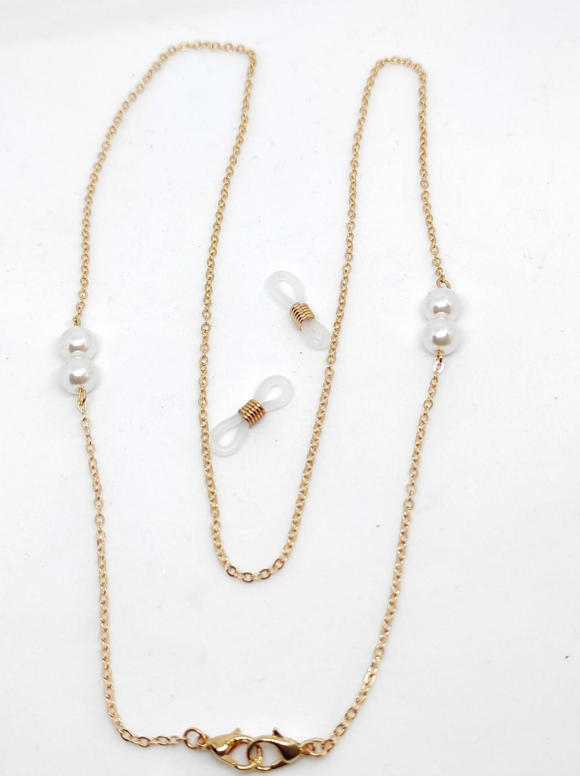 Цепочка-держатель для очков золотого цвета, с бусинами, длина 70 см.