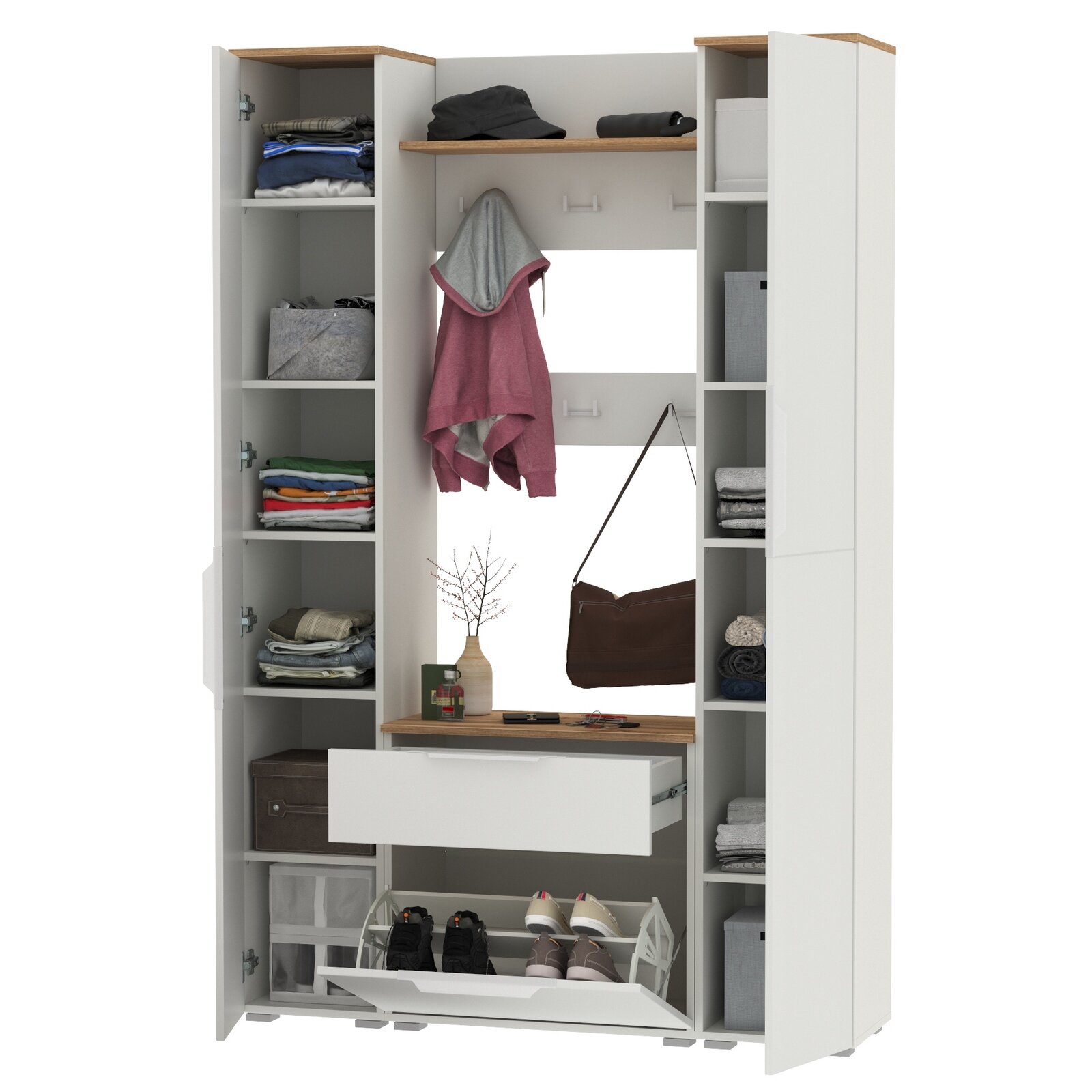 Мебель для маленькой прихожей Моби Октава № 20 цвет белый шагрень/дуб крафт золотой, 129,3х35,4х197,6 см