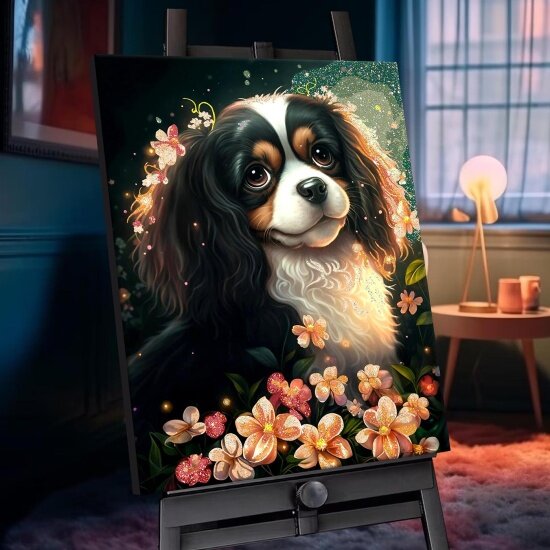 Картина по номерам с кристаллами из хрусталя Флюид SHR0556 Чарльз спаниель 40х50 см