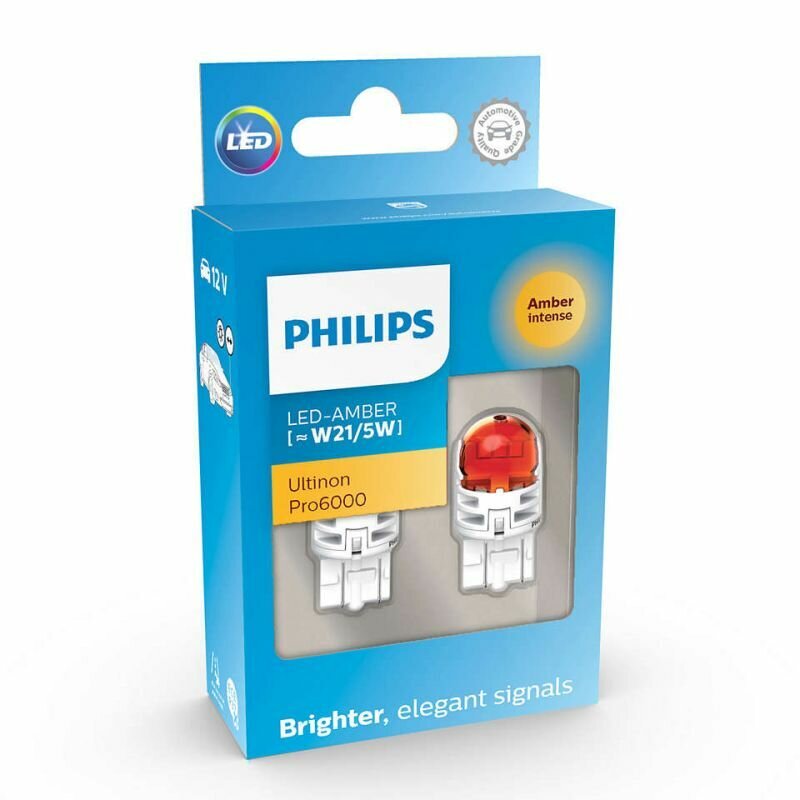 Сигнальная лампа PHILIPS W21/5W (W3*16q) LED Amber Ultinon Pro6000 80/16лм 12V, 2шт