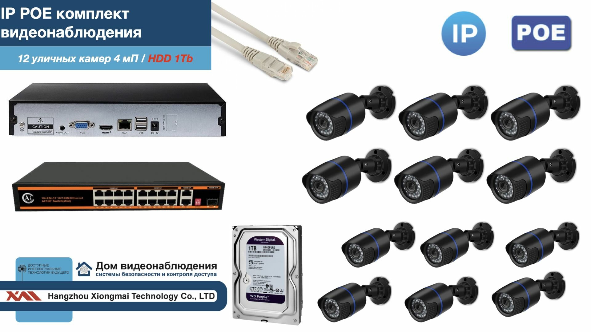 Полный IP POE комплект видеонаблюдения на 12 камер (KIT12IPPOE100B4MP-HDD1Tb)