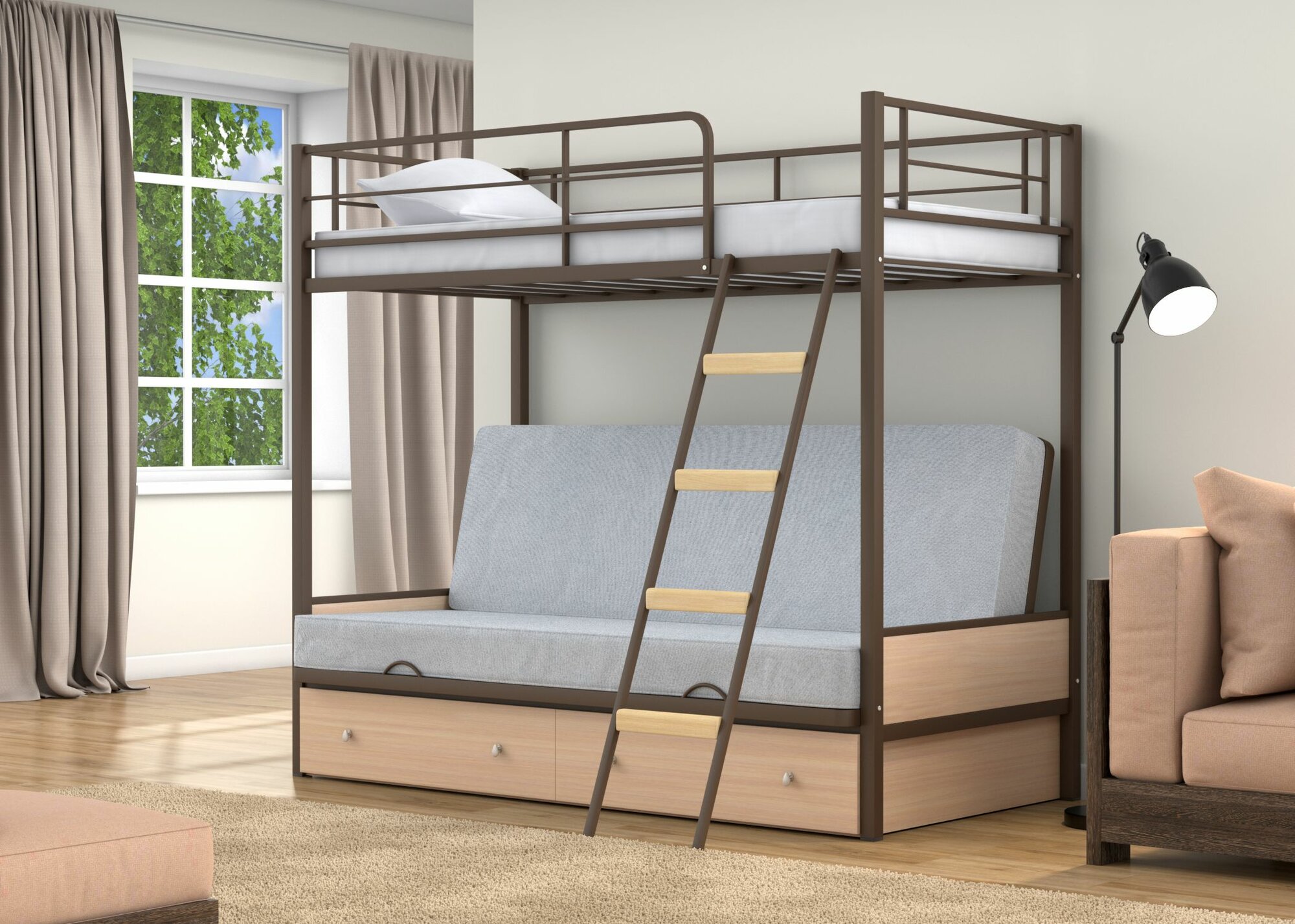 Двухъярусная кровать-диван Дакар 2 Коричневый ящики Дуб молочный