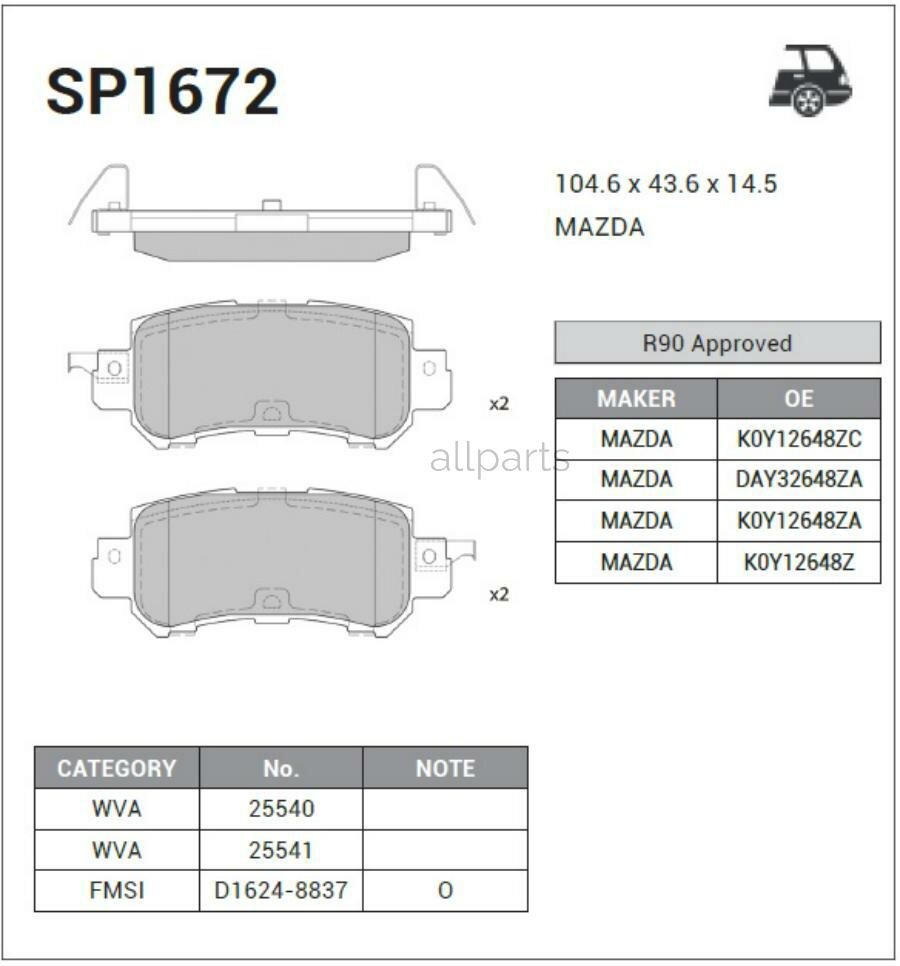 SANGSIN BRAKE SP1672 Колодки тормозные (Сзади) Mazda CX-5 11-17 / CX-3 14-