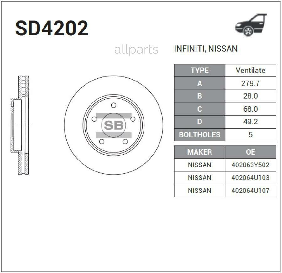 SANGSIN BRAKE SD4202 Диск тормозной передний NISSAN ALMERA/PRIMERA P12 SANGSIN BRAKE SD4202