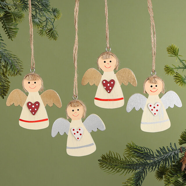 Деревянная елочная игрушка Ангелочек с сердцем 7 см, 4 шт, подвеска, Breitner, 22-1599-набор