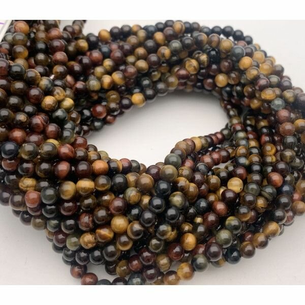 Каменные бусины, Глазковый микс: тигровый, бычий и соколиный, 4 мм, шарик гладкий, нить 38 см, около 95 бусин