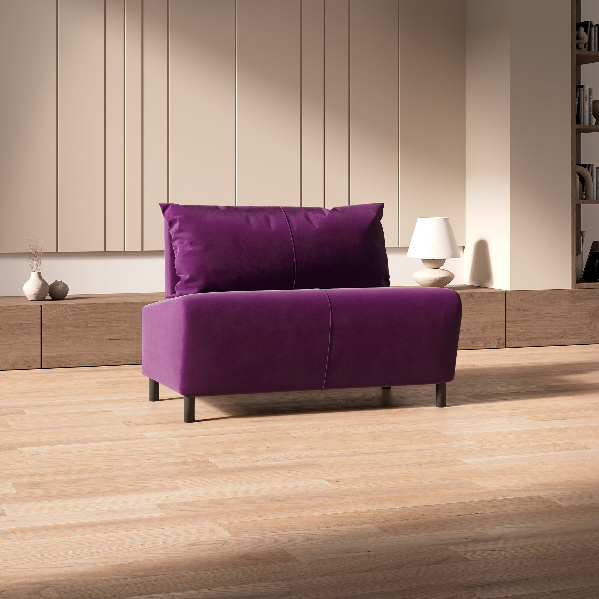 Диван TWIN, с подушкой, в офис, холл, 100 см, без подлокотников, антивандальный велюр, фиолетовый