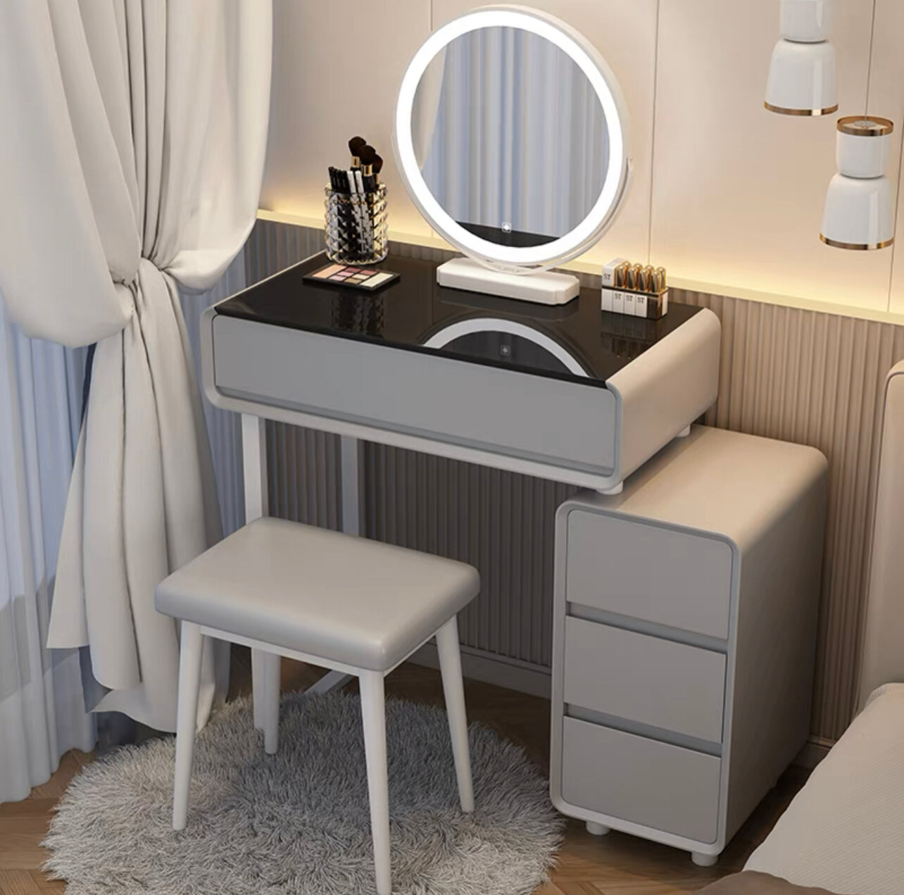Туалетный столик Leah (Комплект серый стол 60 см / белое зеркало / форма зеркала на выбор / столешница стекло / стул)