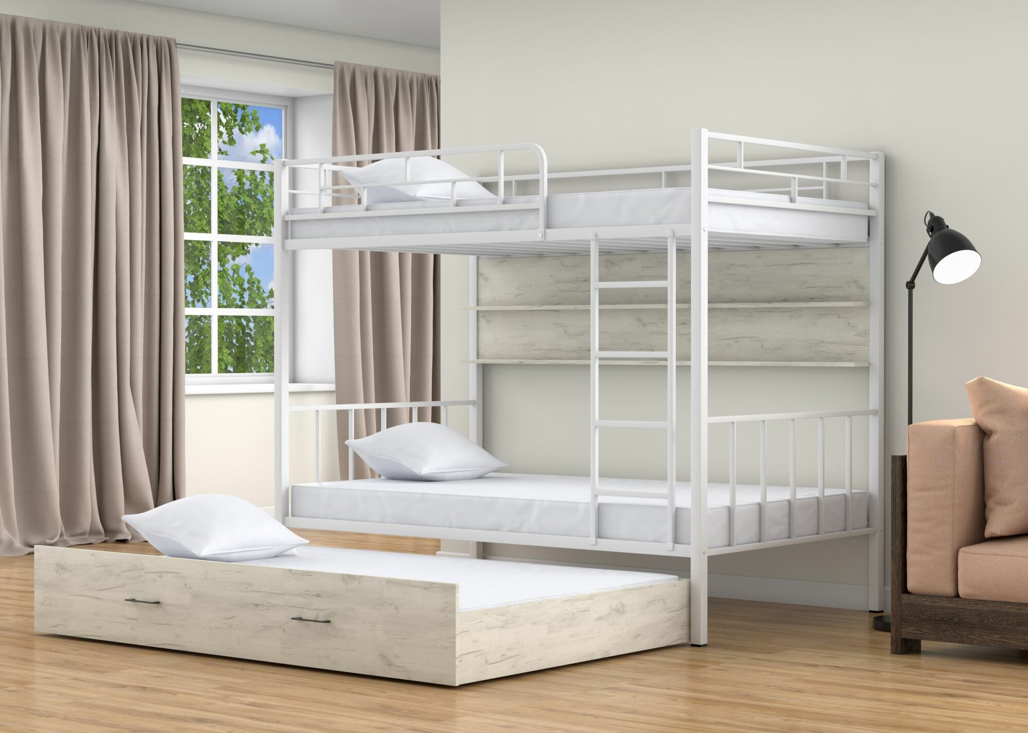 Двухъярусная кровать Валенсия 120 Выкатная с полкой Белый/дуб крафт белый