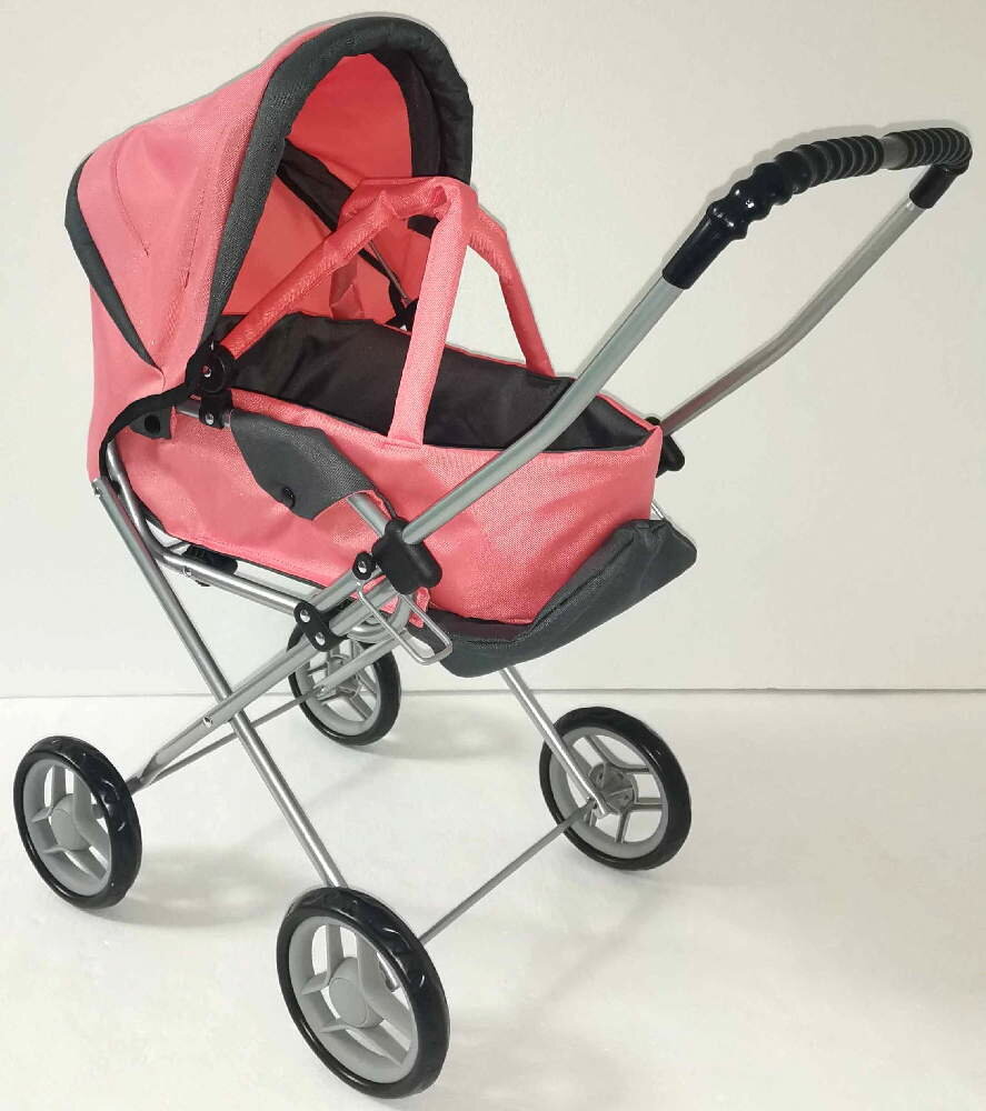 Коляска-люлька для кукол розово-серая с переноской в пакете