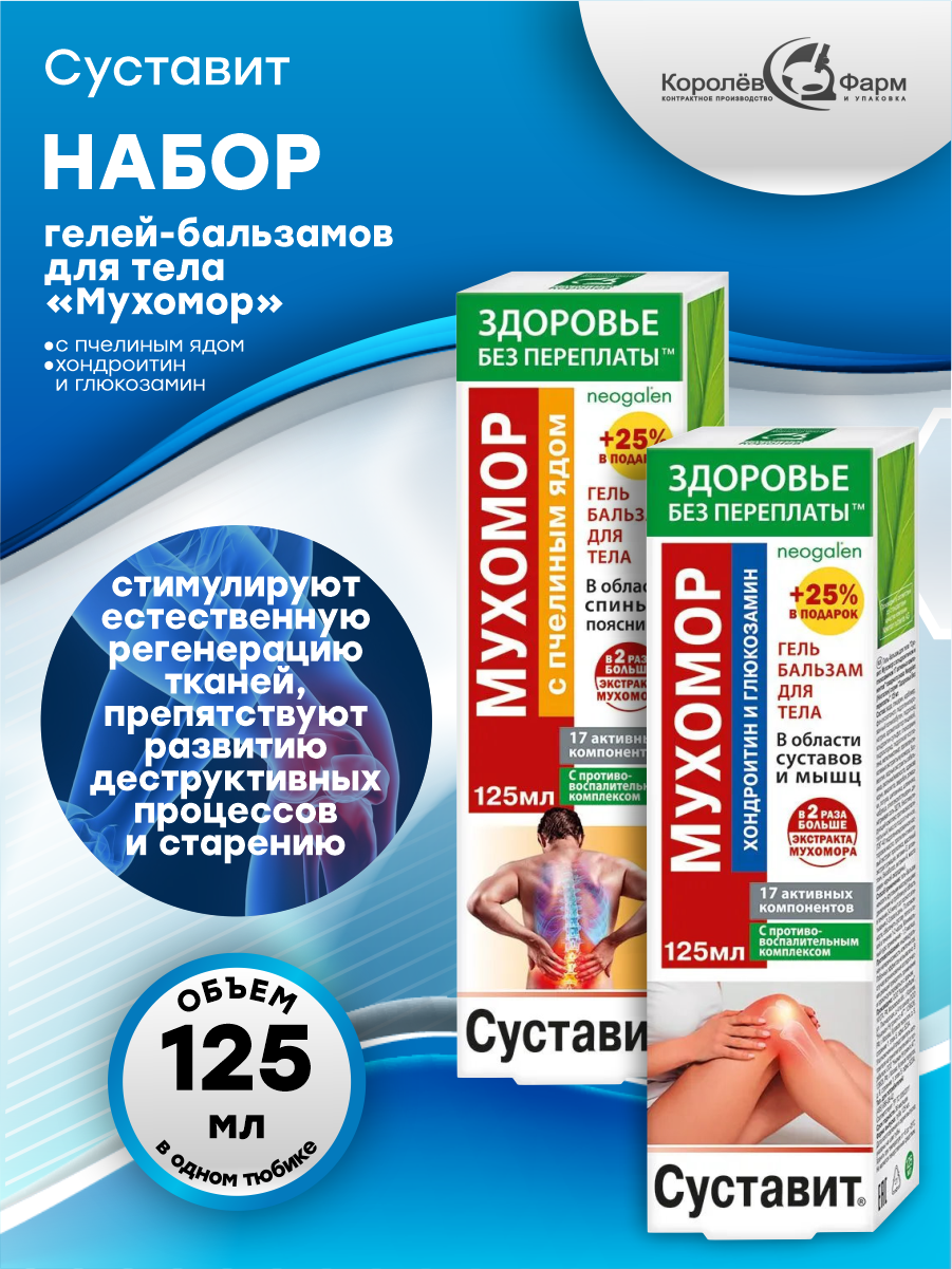Набор Гель-бальзамов для тела Суставит Мухомор с пчелиным ядом + хондроитин и глюкозамин по 125 мл.