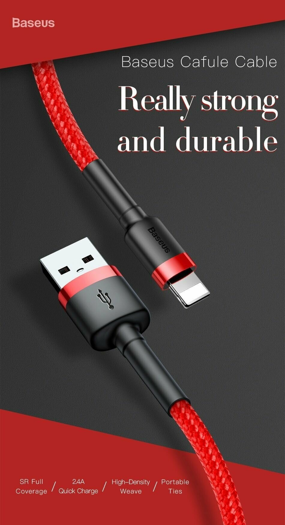 Кабель Baseus cafule Cable USB For lightning 2.4A 1M красный + черный (CALKLF-B19)