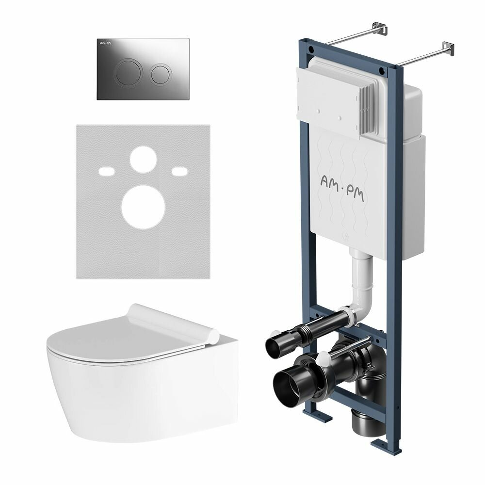 Инсталляция с подвесным унитазом AM.PM Jupiter мех. кнопка ErgoFit L глянцевый хром, шумоизоляция