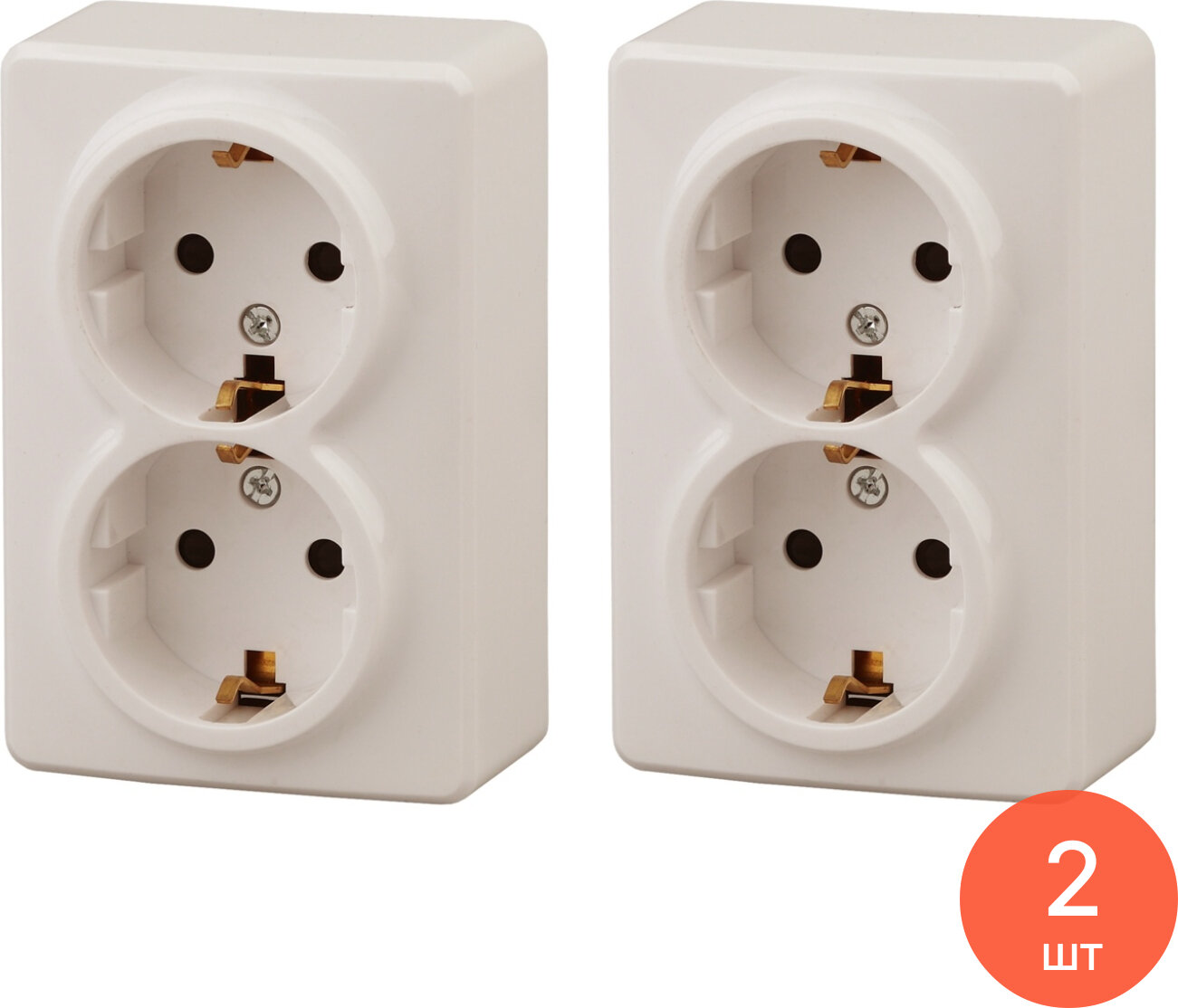 Розетка силовая штепсельная ЭРА Эксперт 11-2205-02, 2х2P+E Schuko, 16А 250В IP20 слоновая кость, открытой установки с заземлением, Б0020692 / электрооборудование (комплект из 2 шт)