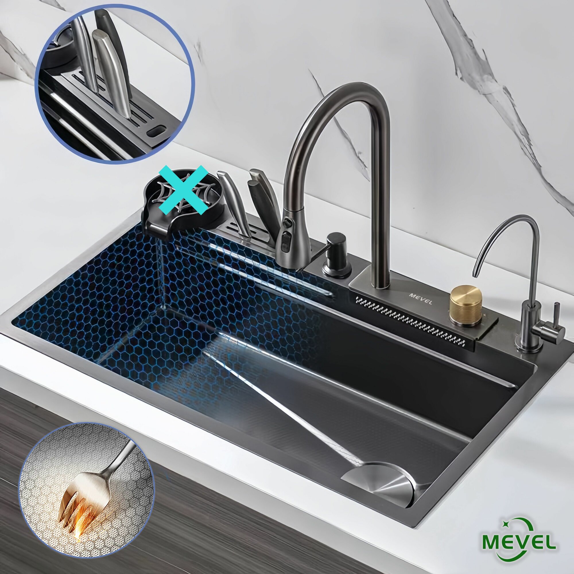Мойка для кухни MEVEL Высококачественный многофункциональная мойка для кухни, бионическое сотовое тиснение,3 аксессуара, XSYPT-68-DZJ