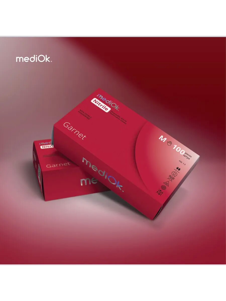 Перчатки нитриловые mediOk, красный Garnet, размер M, 50 пар