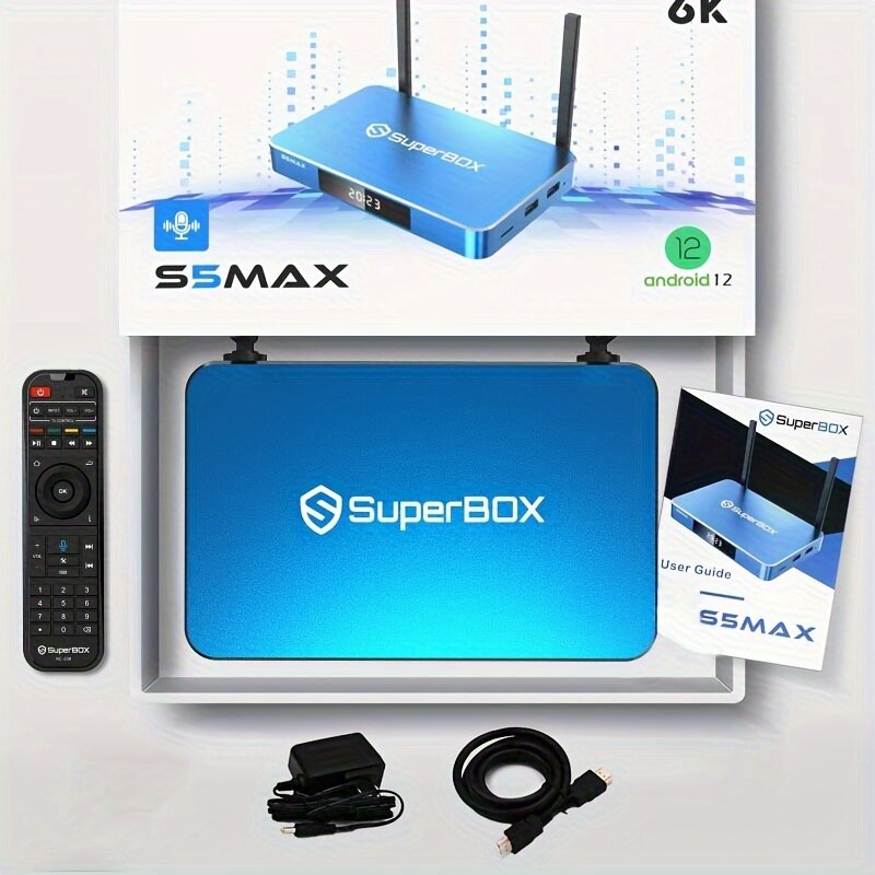 SuperBox S5 Max 6K Ultra HD ТВ-приставка с голосовым управлением, Android 12, USB 3.0, Ethernet/беспроводное подключение – идеально для домашнего кинотеатра и записи