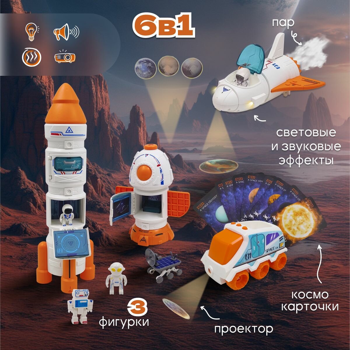 Интерактивная игрушка для детей "Полёт в космос" ND Play со звуковыми и световыми эффектами / Большой набор / Космическая станция, корабль, шаттл, марсоход