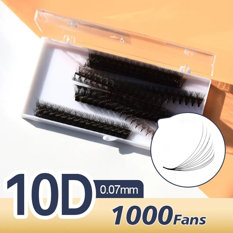 10D 0.07mm 1000 Fans Ресницы для наращивания, D-изгиб, 15 мм