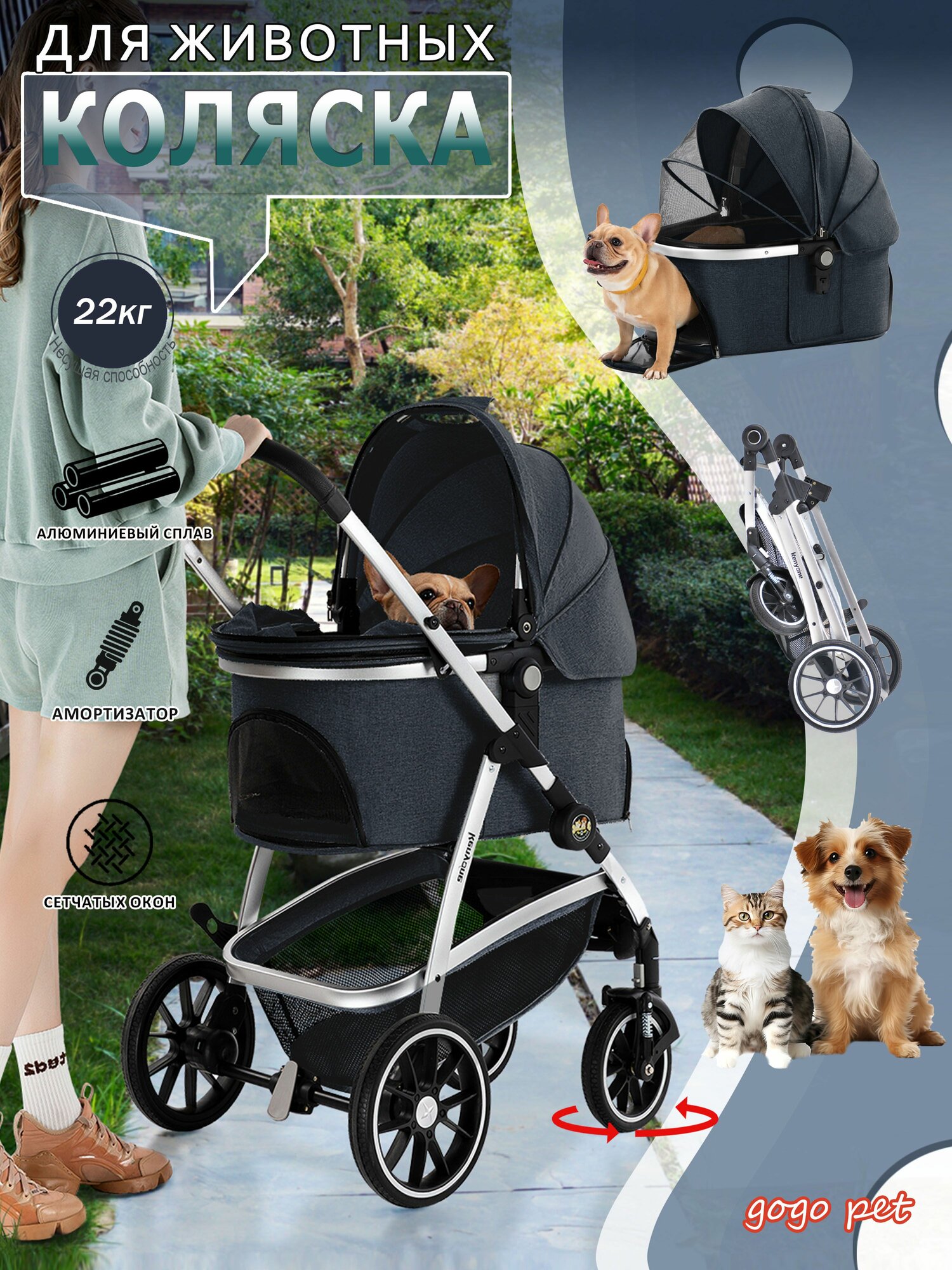 Коляска прогулочная для собак и кошек, для мелких и средних пород (до 22 кг), складной, съемный, тёмно-синий
