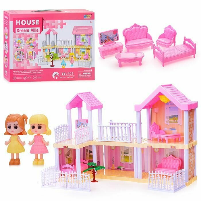 Кукольный домик из картона Oubaoloon "Dream house-1", 85 деталей, 2 фигурки, в коробке (666-2E)