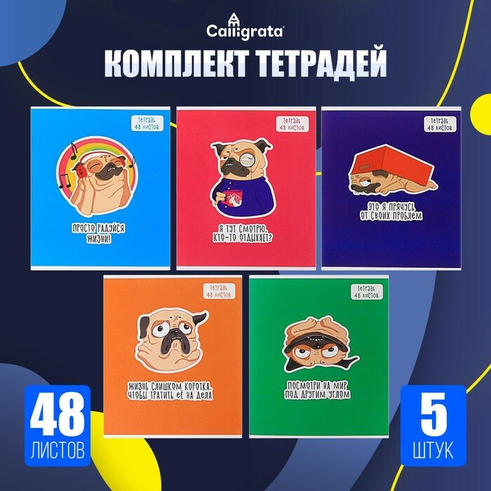 Комплект тетрадей из 5 штук, 48 листов в клетку Calligrata Мопс, обложка мелованный картон, блок офсет