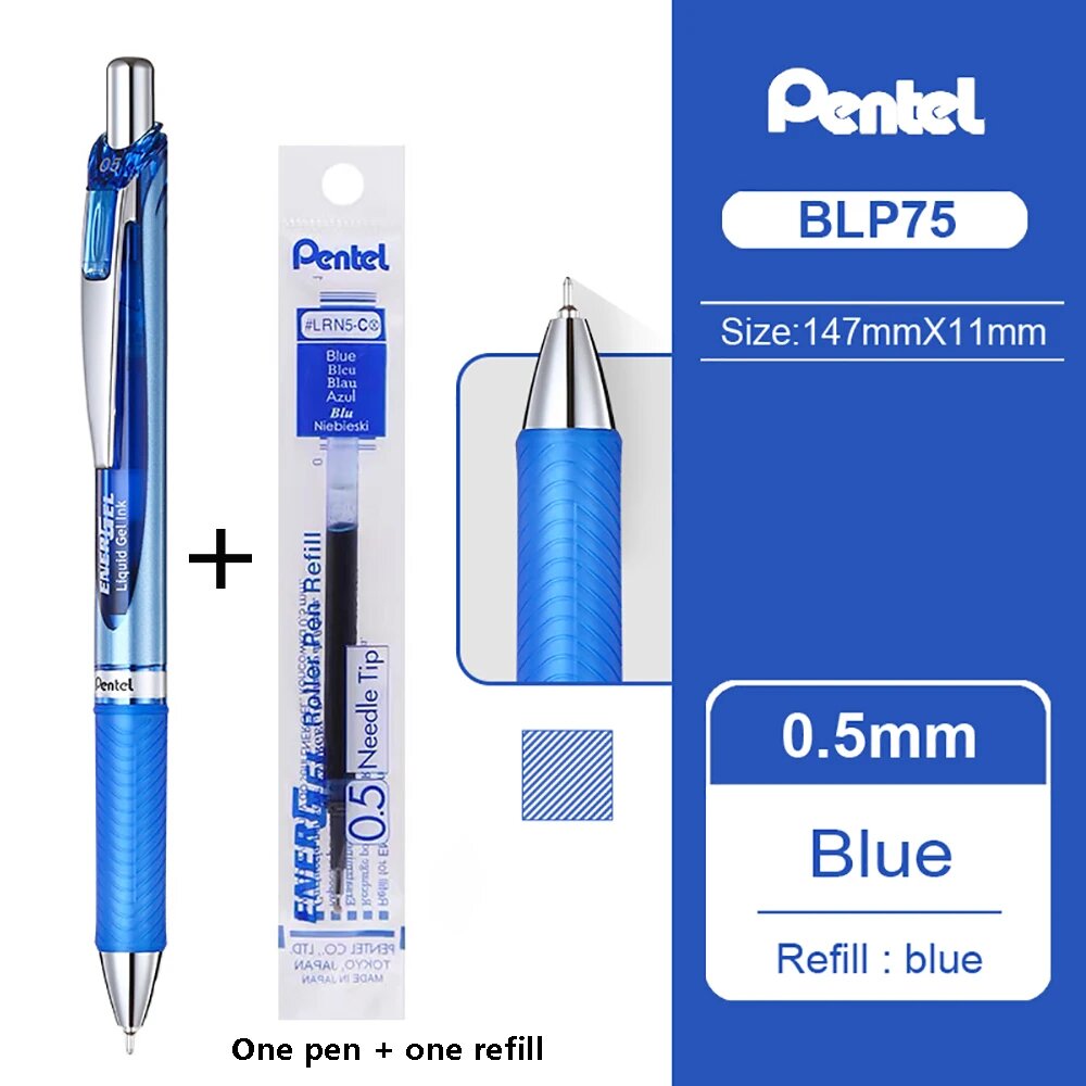 Гелевая ручка Pentel BLN75 Plus 0,5 мм черная Синий, Pen plus refill