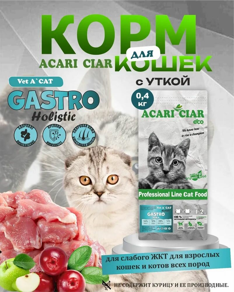 Сухой корм для кошек Acari Ciar Vet A Cat Holistic Gastro Duck 0,4 кг мини гранула