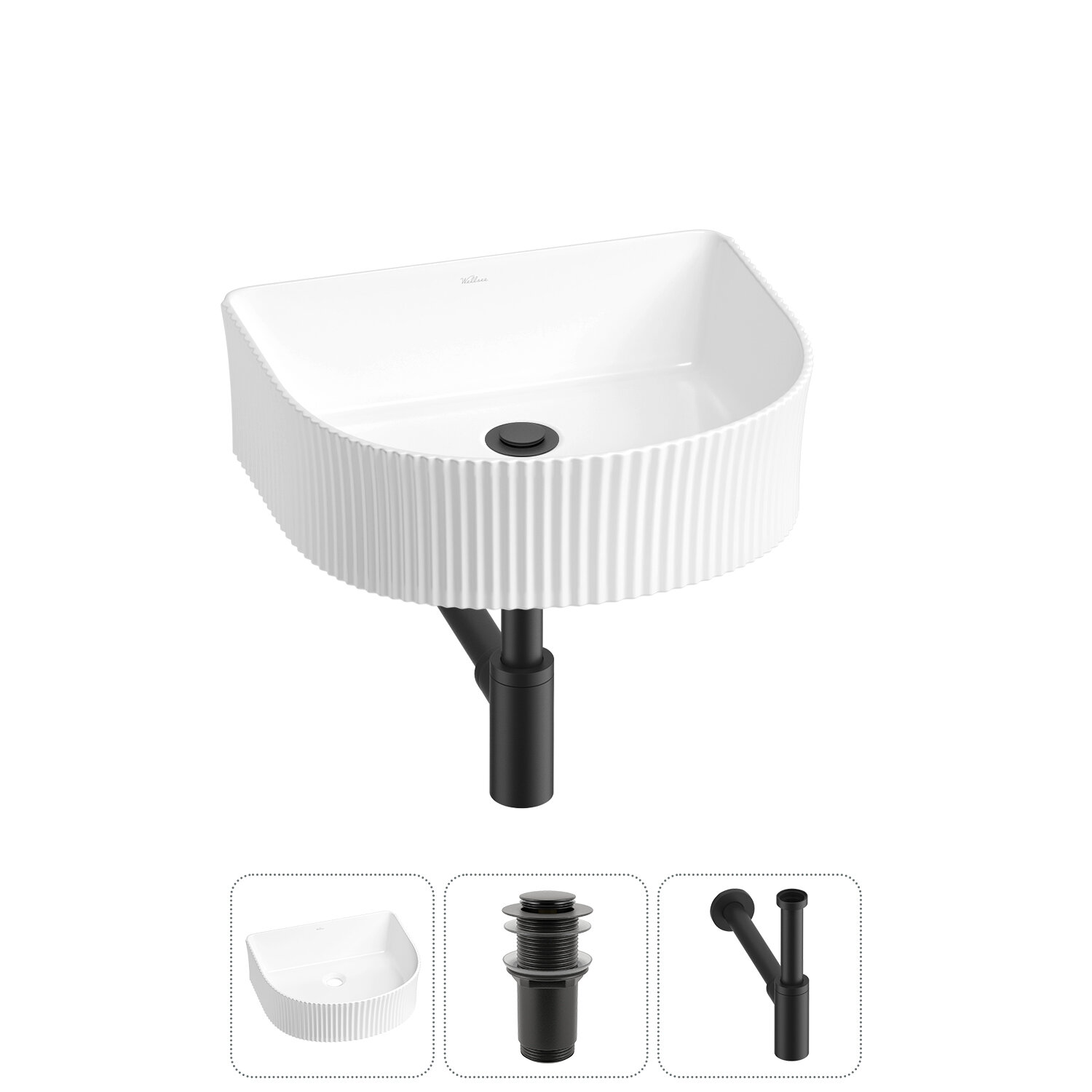 Подвесная или накладная раковина в ванную комнату Wellsee Festive Fox 20213407R в наборе 3 в 1: раковина 45 см в цвете белый глянец, донный клапан, сифон (цвет набора матовый черный)