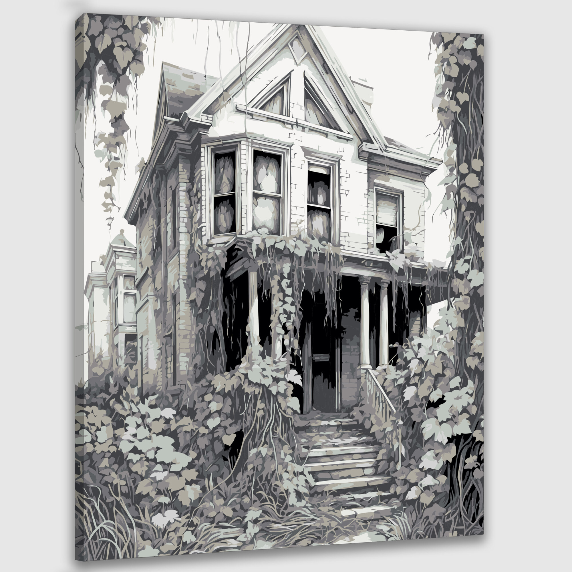 Картина по номерам 40x50 см, старый заброшенный дом, графитовый карандаш, разрушение, текстура стен, разбитые окна