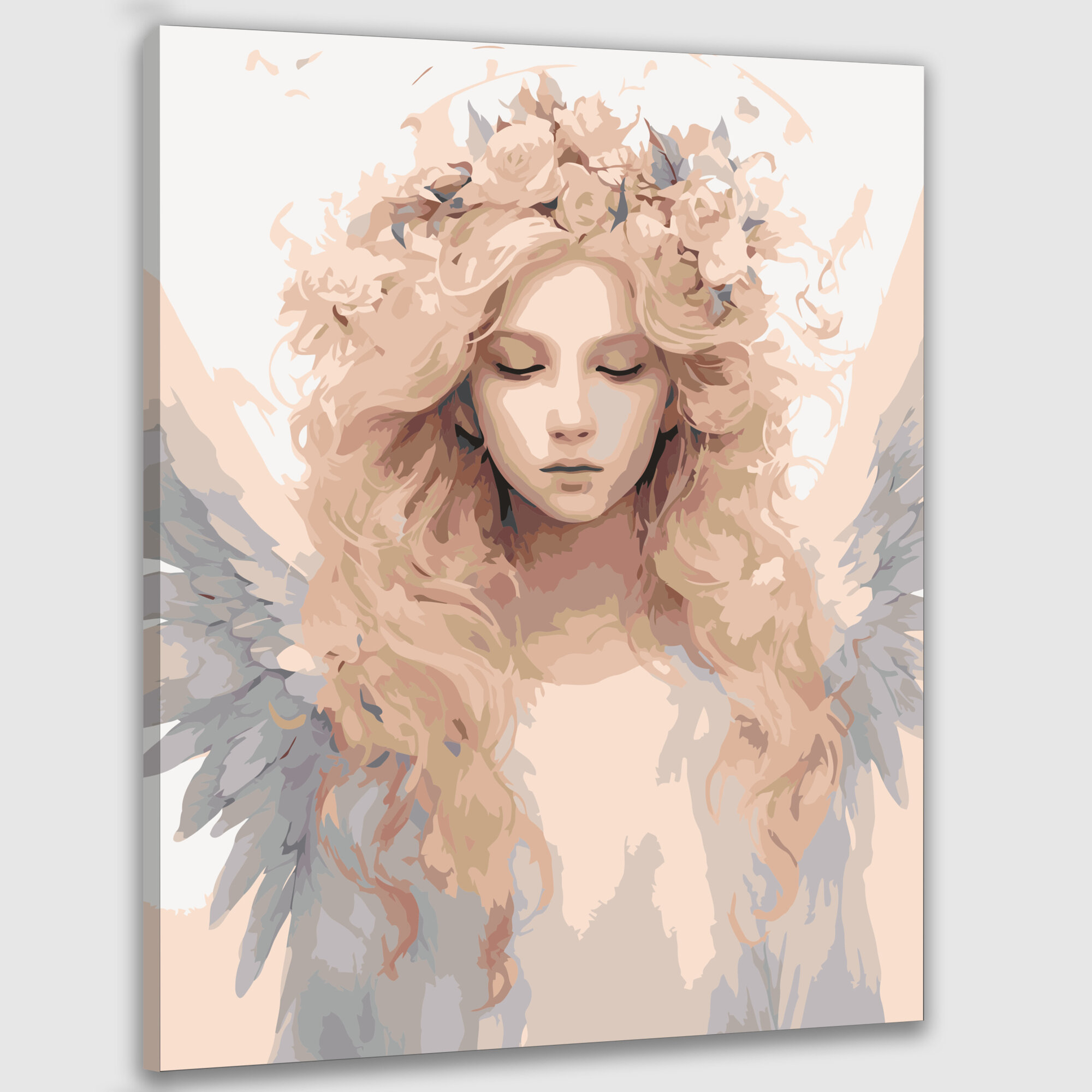 Картина по номерам 40x50 см, ангел, иллюстрация, акварель, крылья, золотые, ореол, пастельные тонов, покой