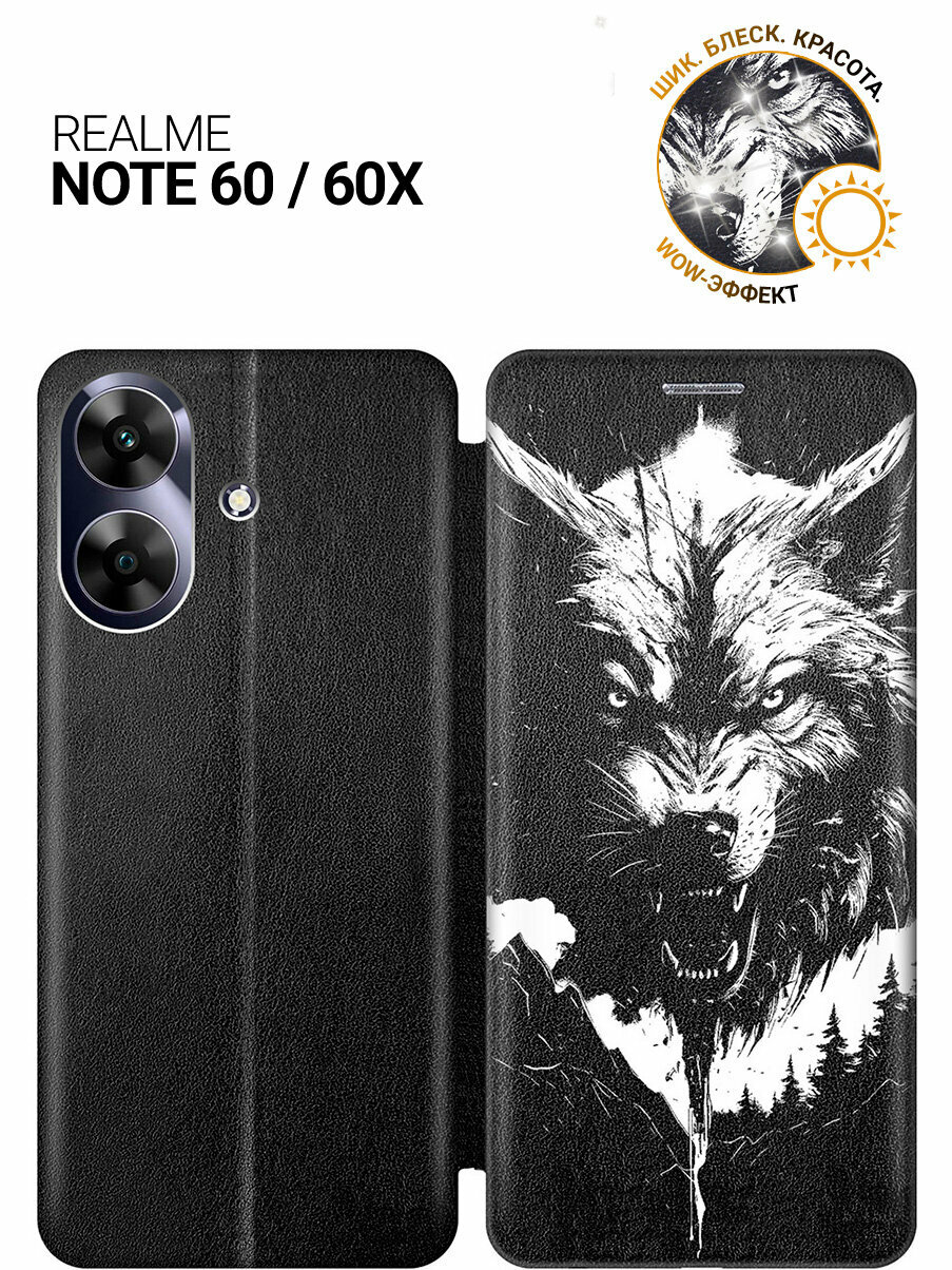 Чехол-книжка на Realme Note 60 / 60x с принтом "Волк и горы" черный