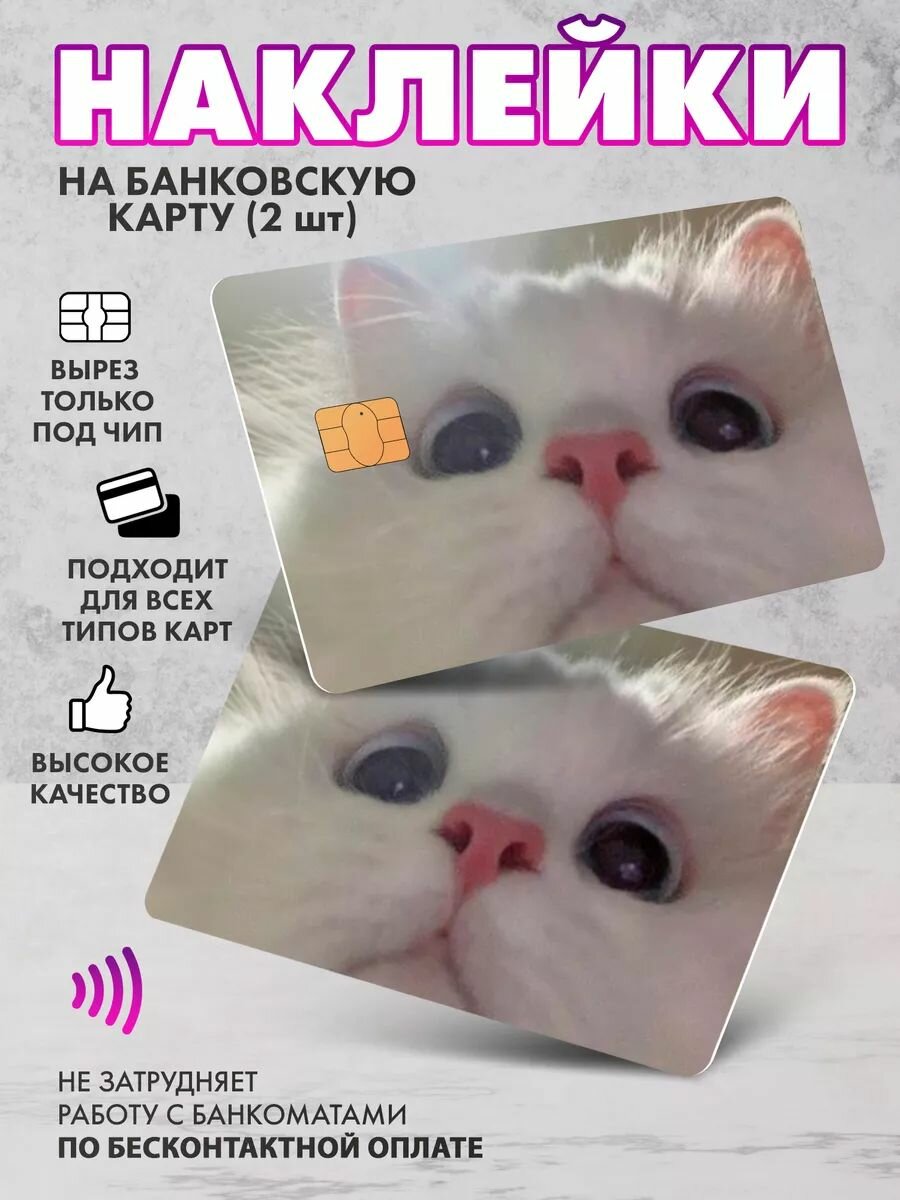 Набор виниловых стикеров-наклеек на банковскую карту "Котик мем"/Без выреза для номера, для всех типов, 2 шт (По одной на каждую сторону)