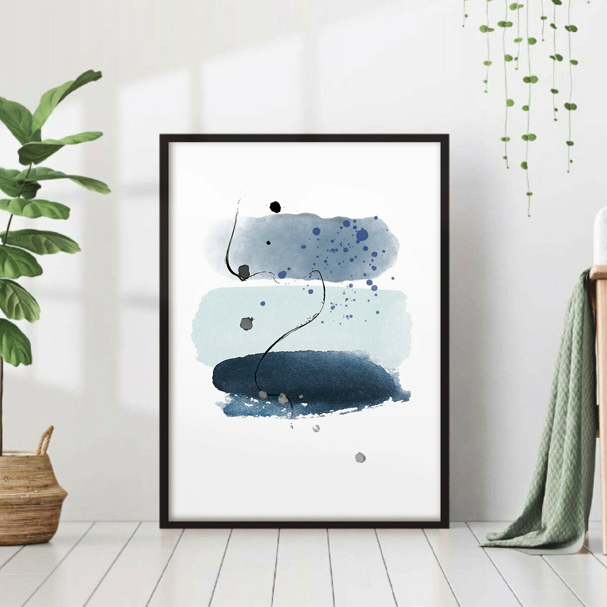 Постер "Абстракция голубые полосы" 50х70 в черной рамке для интерьера на стену