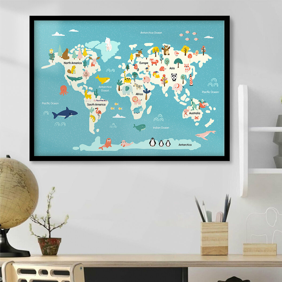 Постер "Карта мира с животными для детской" в черной рамке 40x50 см для интерьера на стену