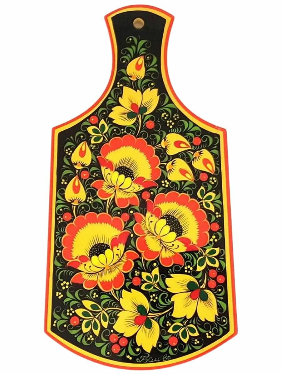 Панно декоративное, Доска разделочная 25х13х0,5 см. - Маки-2, Хохломская роспись (Хохлома), ручная авторская работа