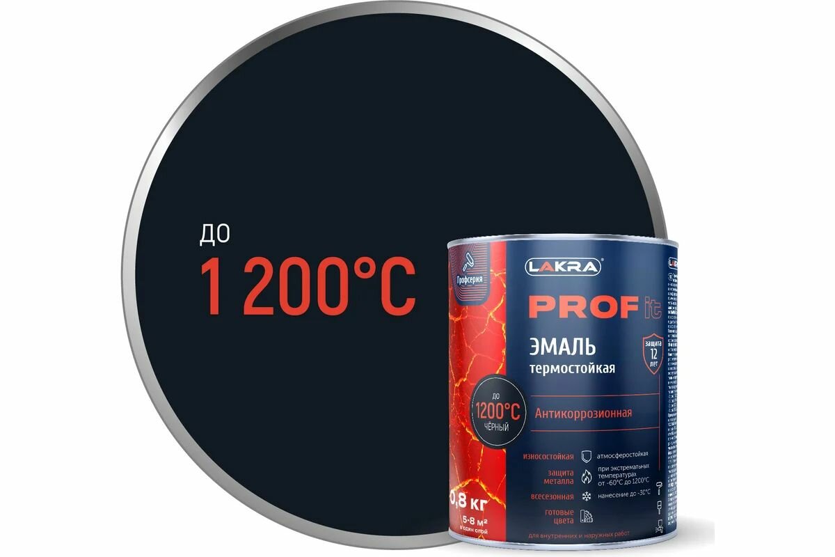 Эмаль термостойкая антикоррозионная Лакра PROF IT до 1200С Чёрный 0,8 кг