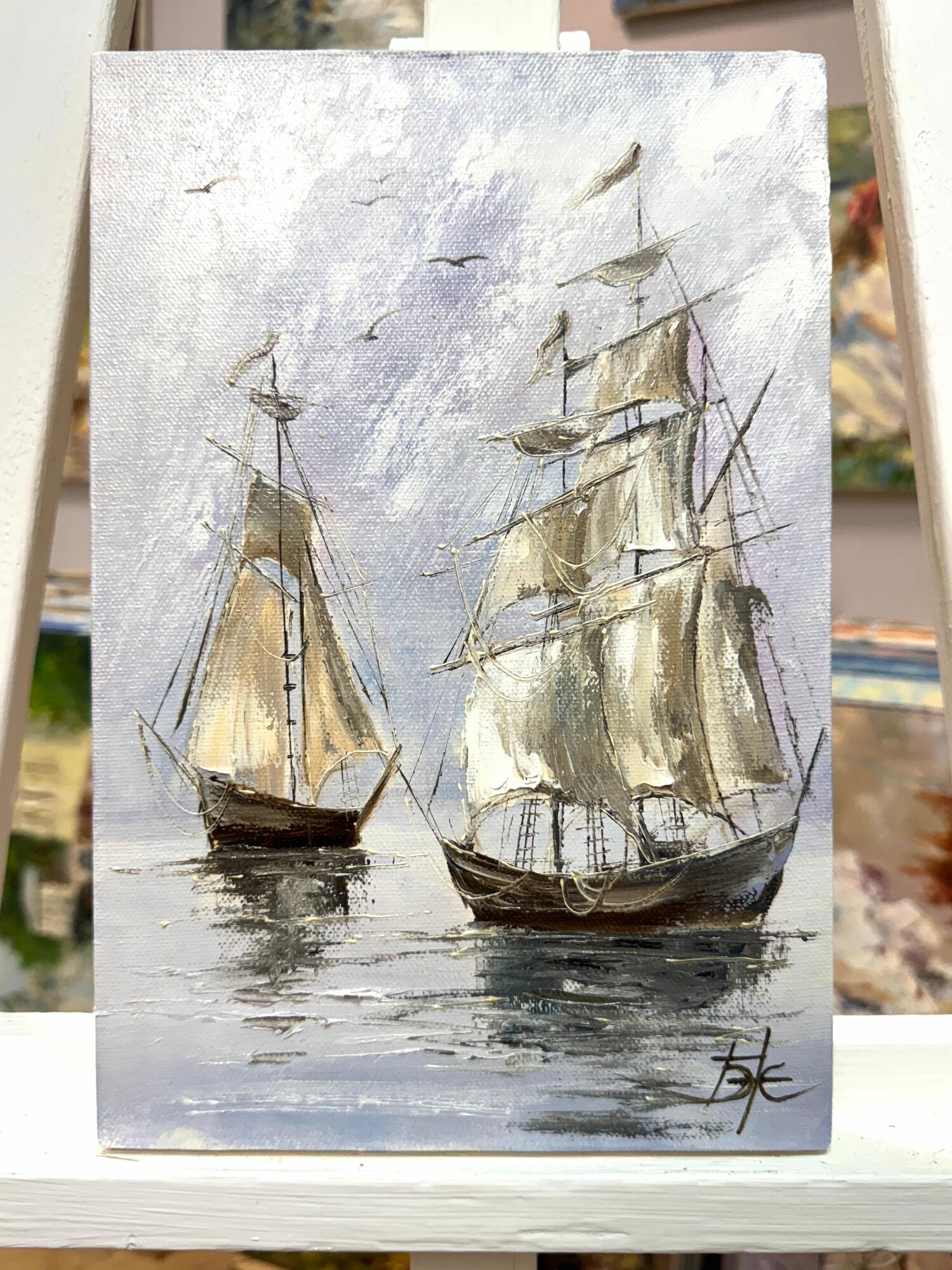 Картина маслом Морской пейзаж Парусники Корабли 20х30 см. Художественная мастерская Грёзы.