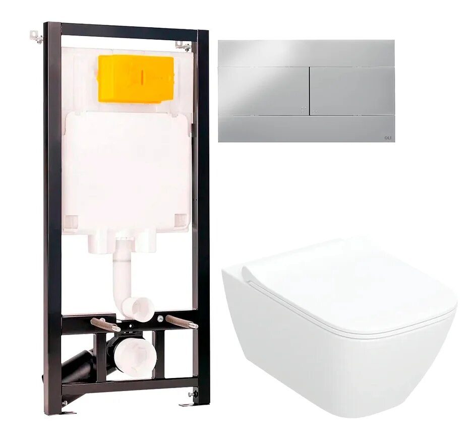 Комплект 2 в 1 Унитаз подвесной Geberit Smyle Square 500.685.01.1 / Инсталляция с кнопкой OLI 80 ECO Sanitarblock mechanic цвет черный