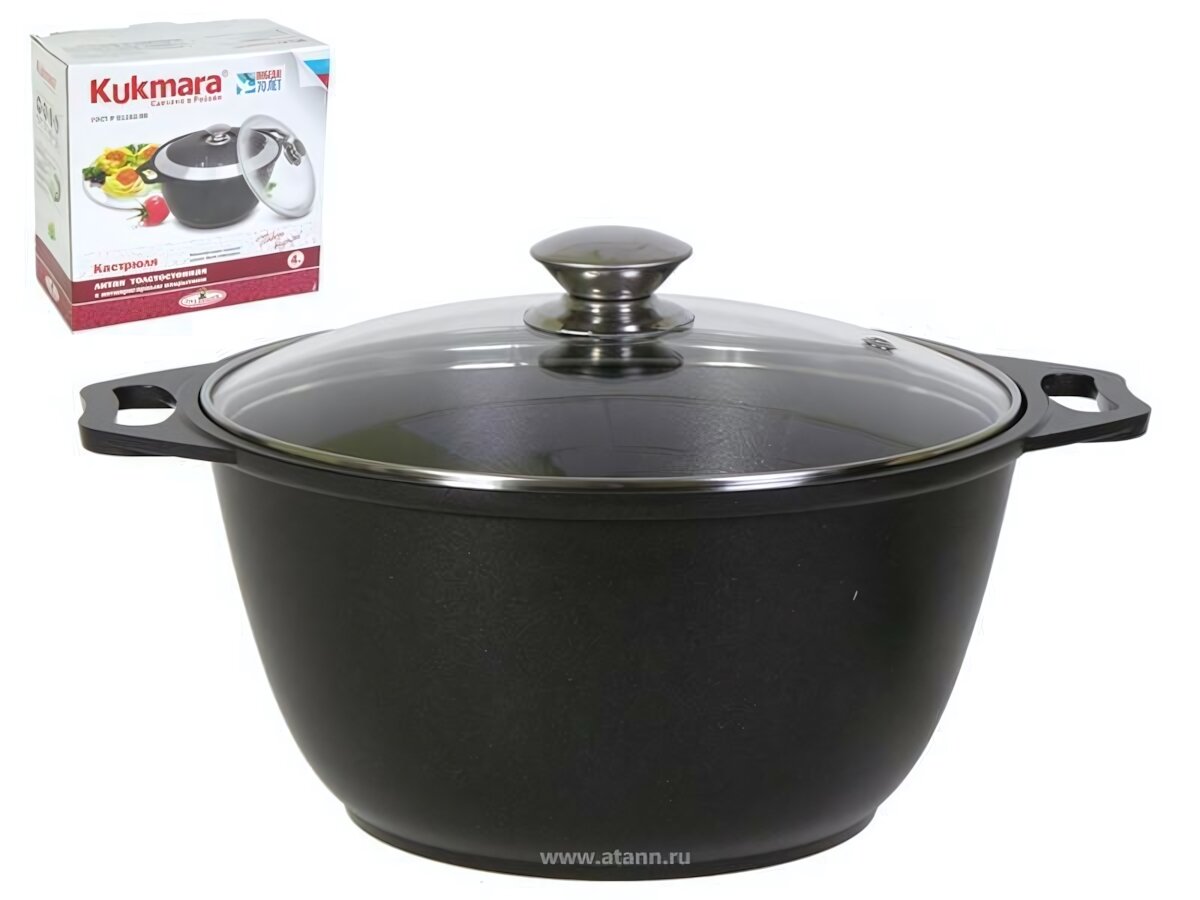 Кастрюля Kukmara 4л с антипригарным покрытием и стеклянной крышкой, литой алюминий