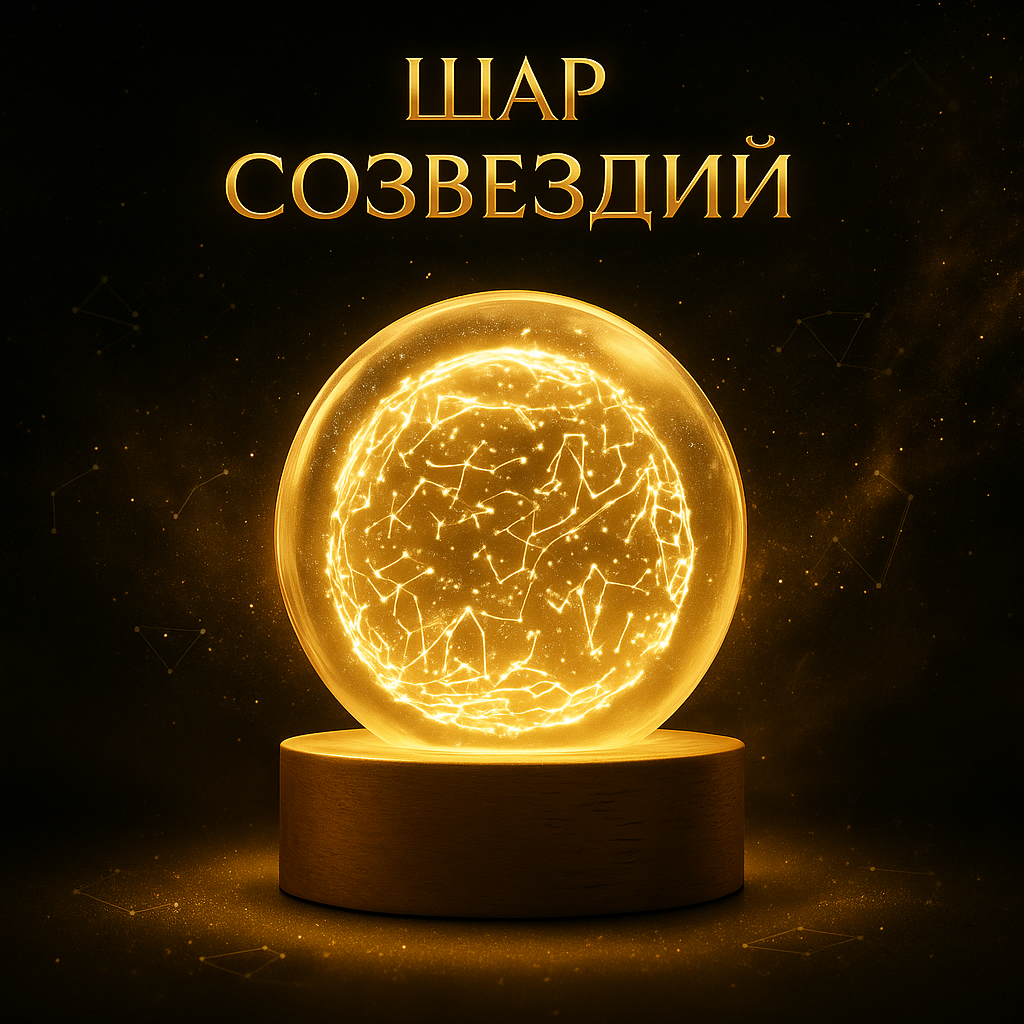 Фигурка светящаяся стекло "Шар созвездий" диаметр 6 см, подставка дерево, USB, размер 6.5×6.5×7.5 см
